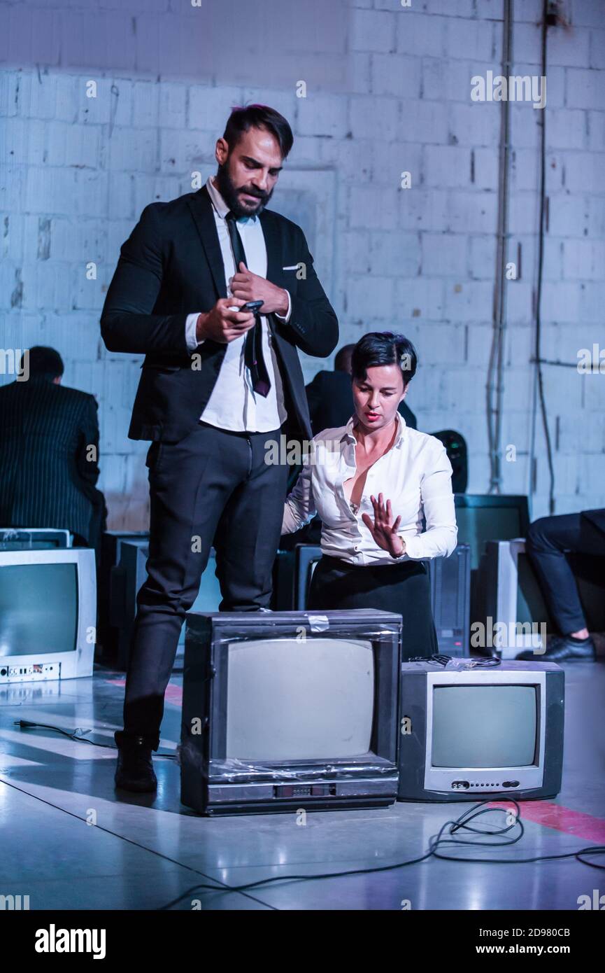 Theater actor artists on stage perform play for audience. Public ...