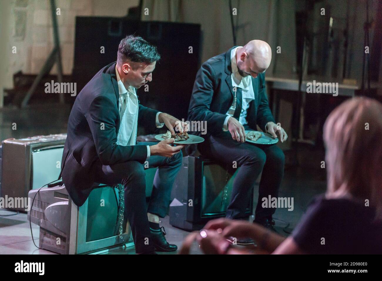 Theater actor artists on stage perform play for audience. Public ...