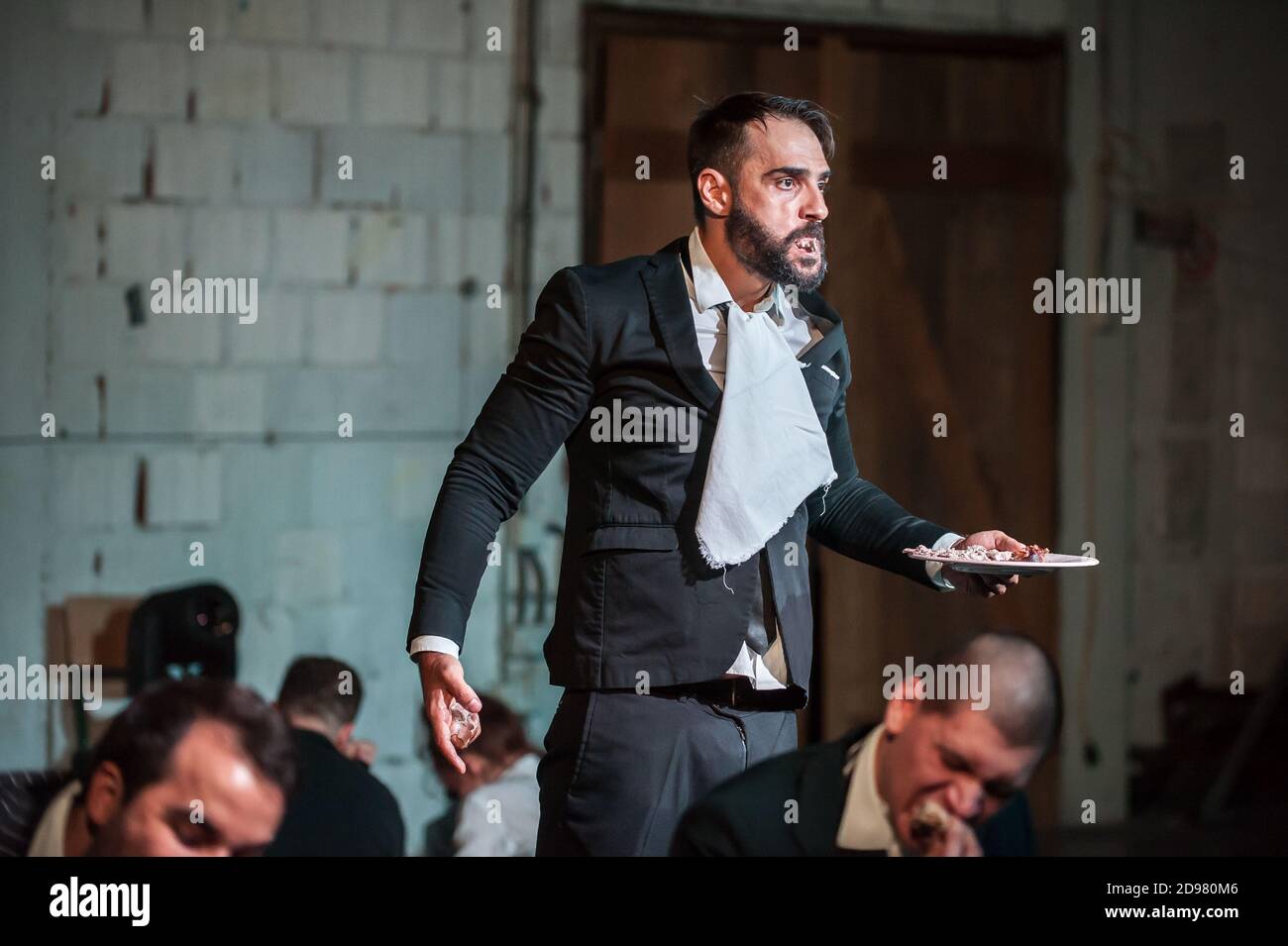 Theater actor artists on stage perform play for audience. Public ...