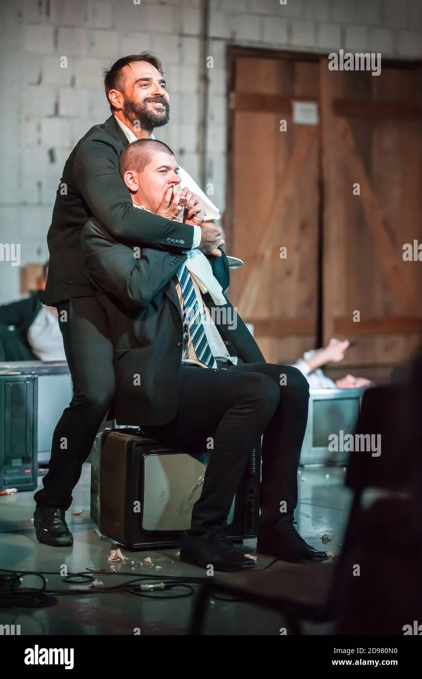 Theater actor artists on stage perform play for audience. Public ...