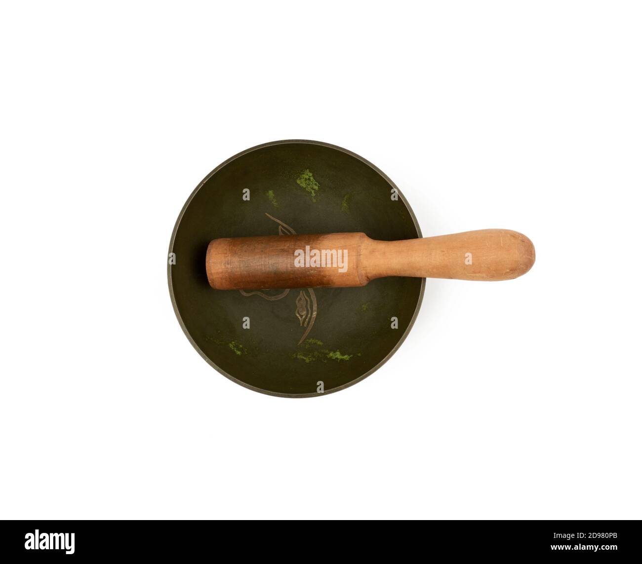 copper singing bowl and wooden stick isolated on white background, top ...
