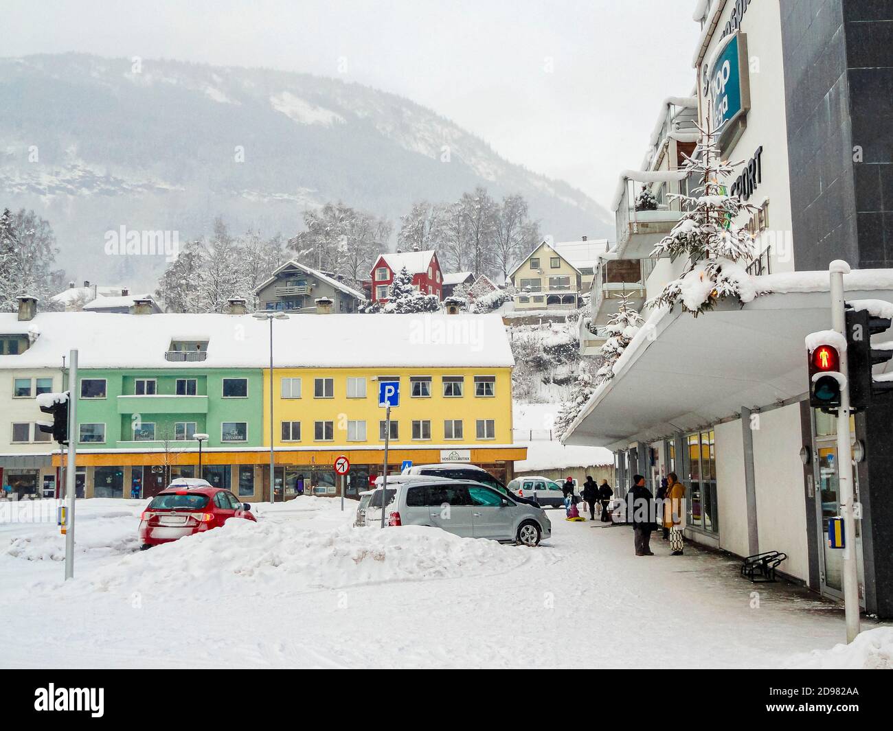 City life in winter in Norway. Vossevangen, Voss. City life in winter ...