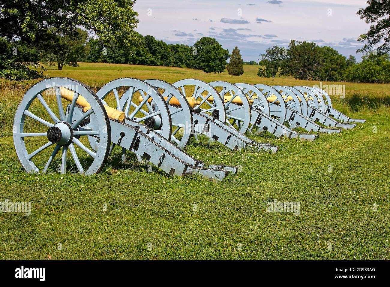 Revolutionary War cannons lined up, old weapons, antique guns, grassy ...