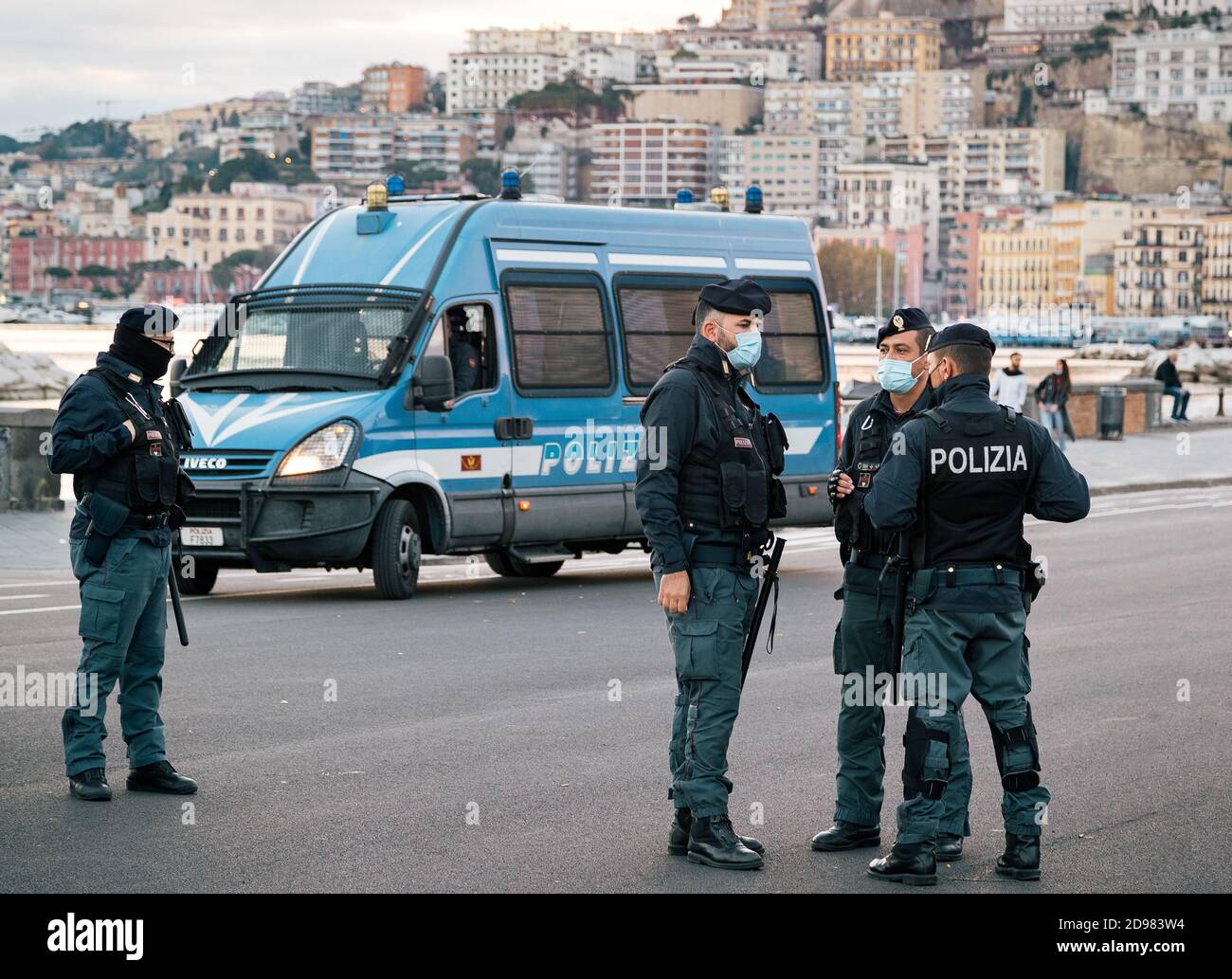 Naples, Italy. 02nd Nov, 2020. Police officers stand on guard during ...