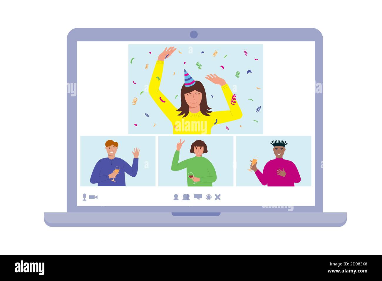 Online birthday home party concept. People on laptop screen celebrating ...