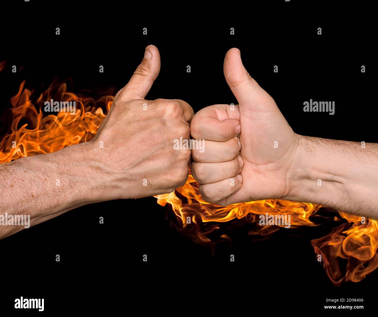 Friendship sealed with fire concept. Two men bumping fists with thumbs ...