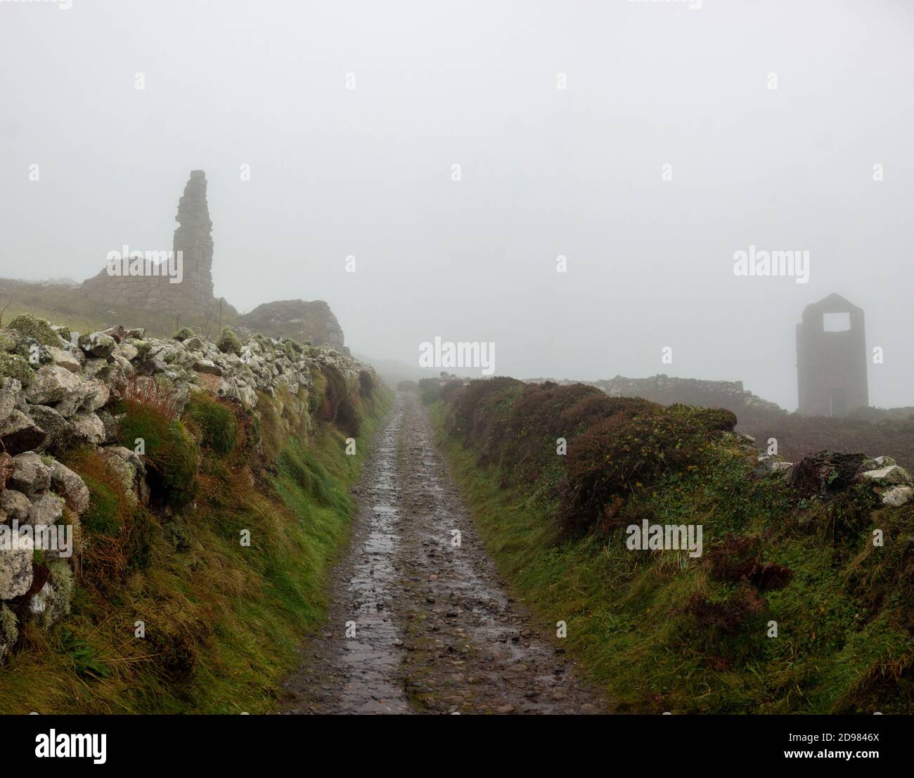 Coastal path, Botallack mine in the mist Stock Photo - Alamy