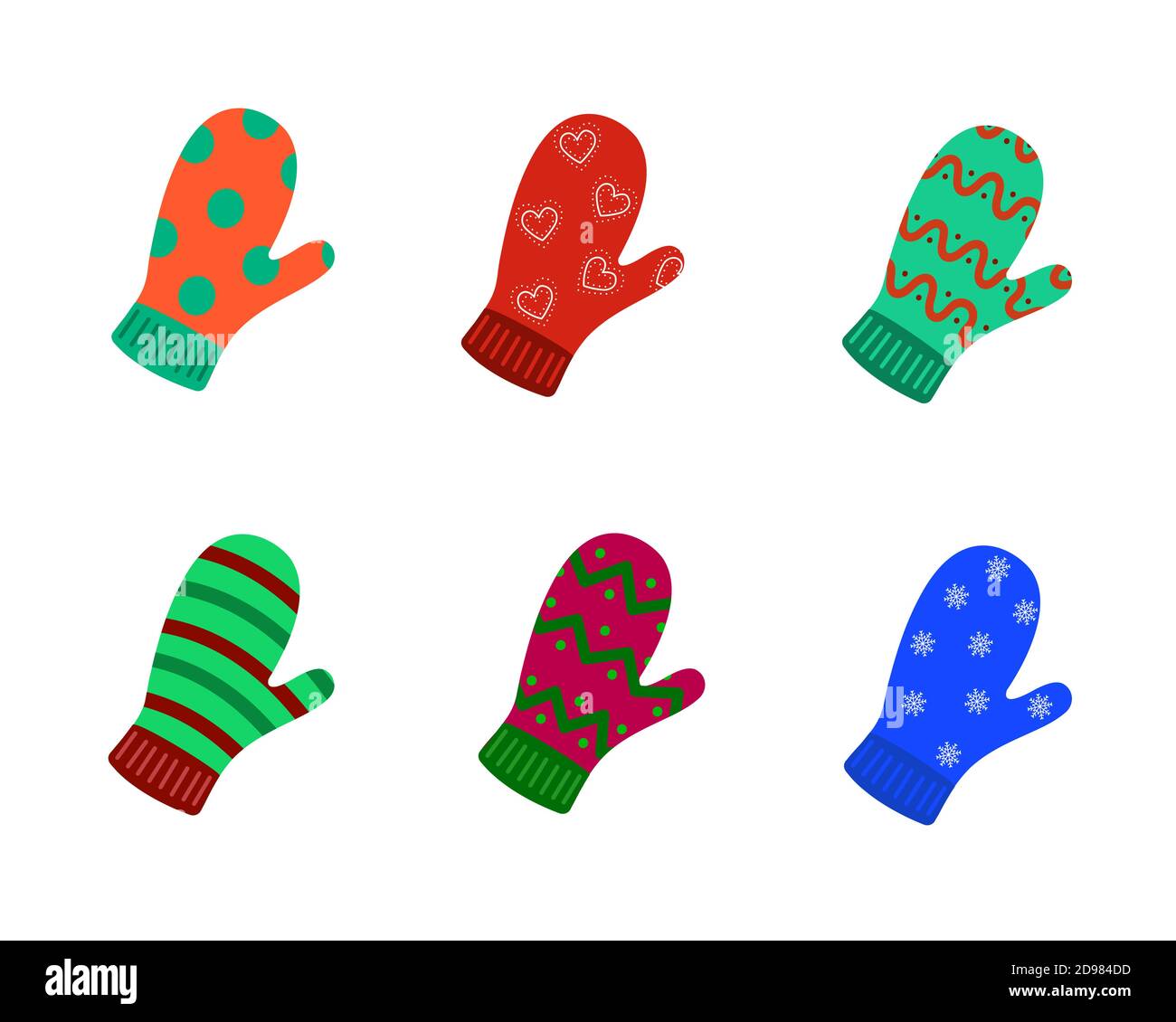 Set of colorful mittens with various ornaments. Winter warm knitted ...