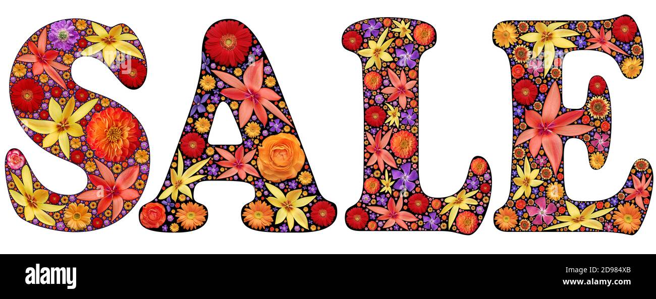 Word sale written by font painted with flowers isolated on white Stock ...