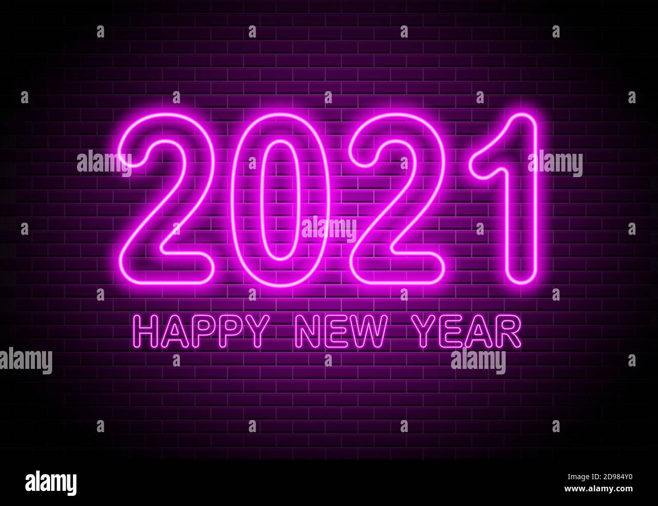2021 neon text. Bright Happy New Year sign on brick wall background ...