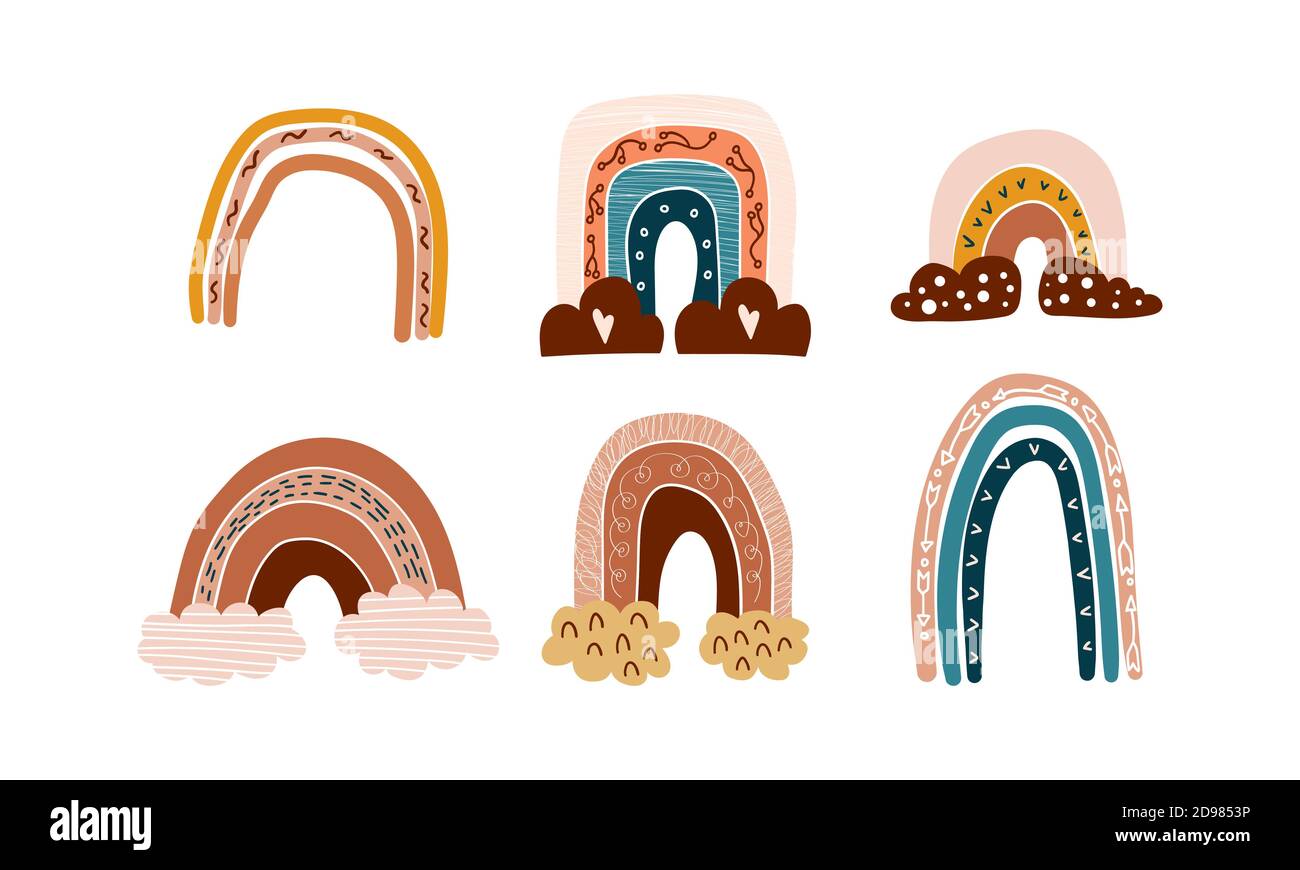 Boho hand drawn rainbows collection isolated on white background ...