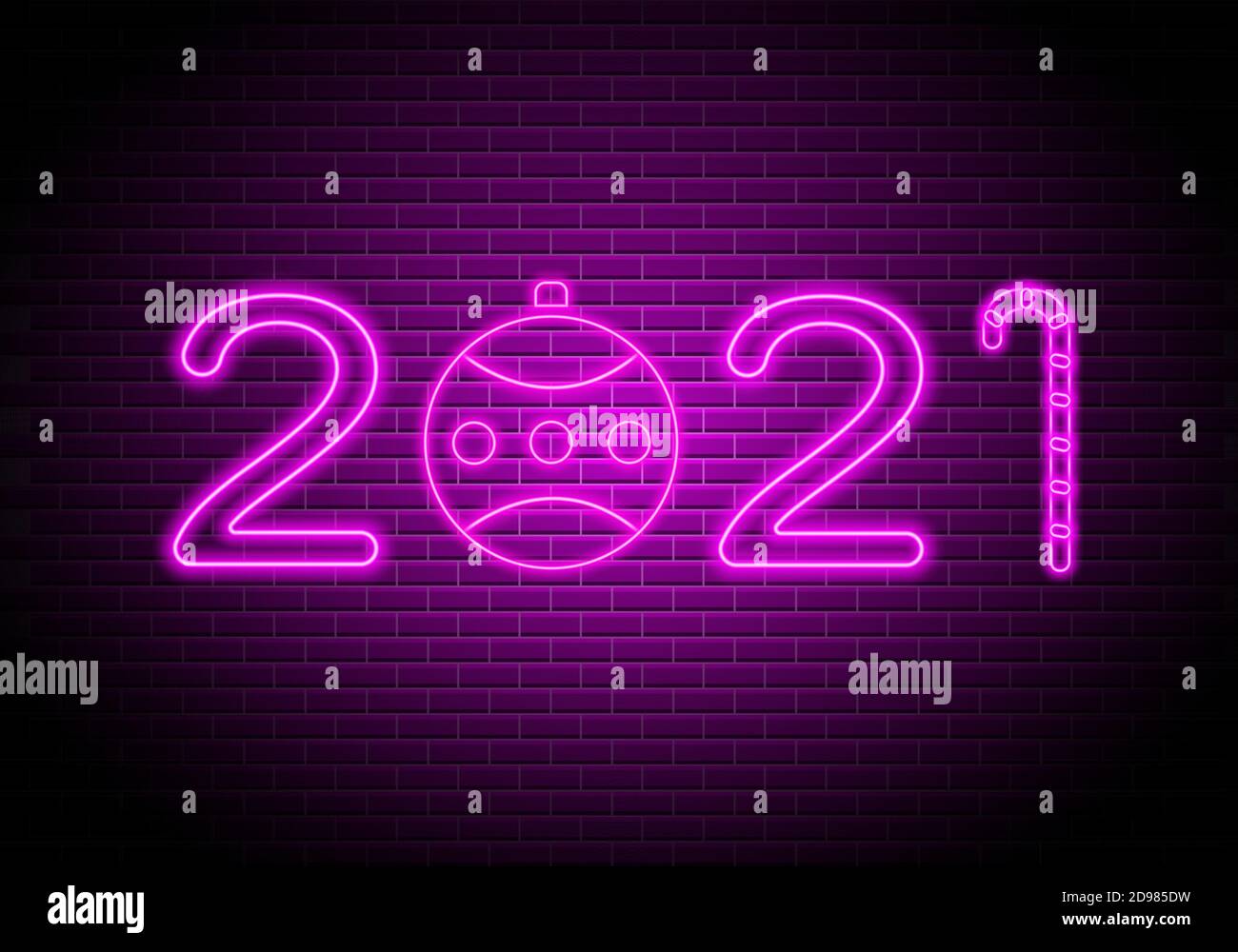 2021 numbers neon text. New Year lightning sign on brick wall ...