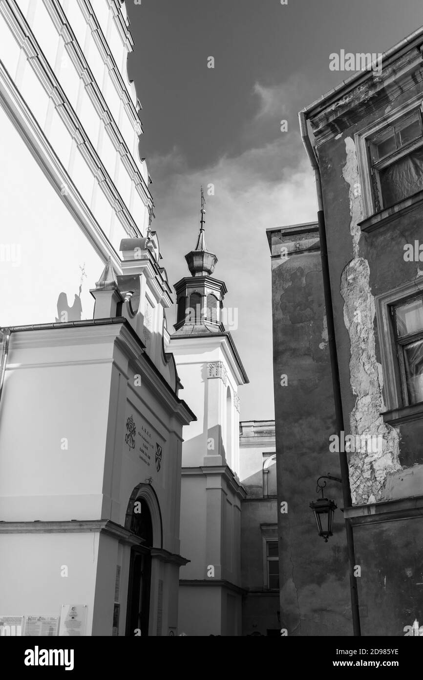 Lublin, Poland - Jul 27, 2018: Black and white image of the streets and ...