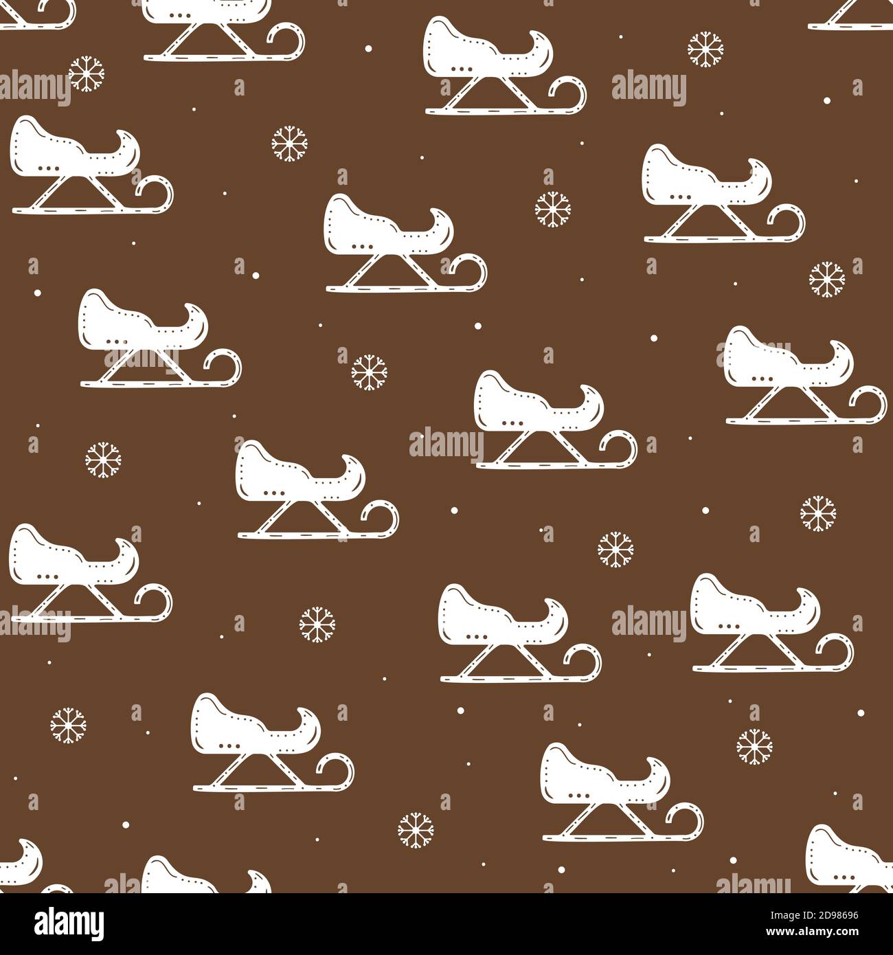 Seamless pattern of sleds and snowflakes in flat style on a brown ...