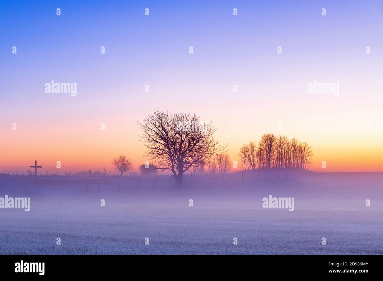 Cold mist in sunset in the winter country Stock Photo - Alamy