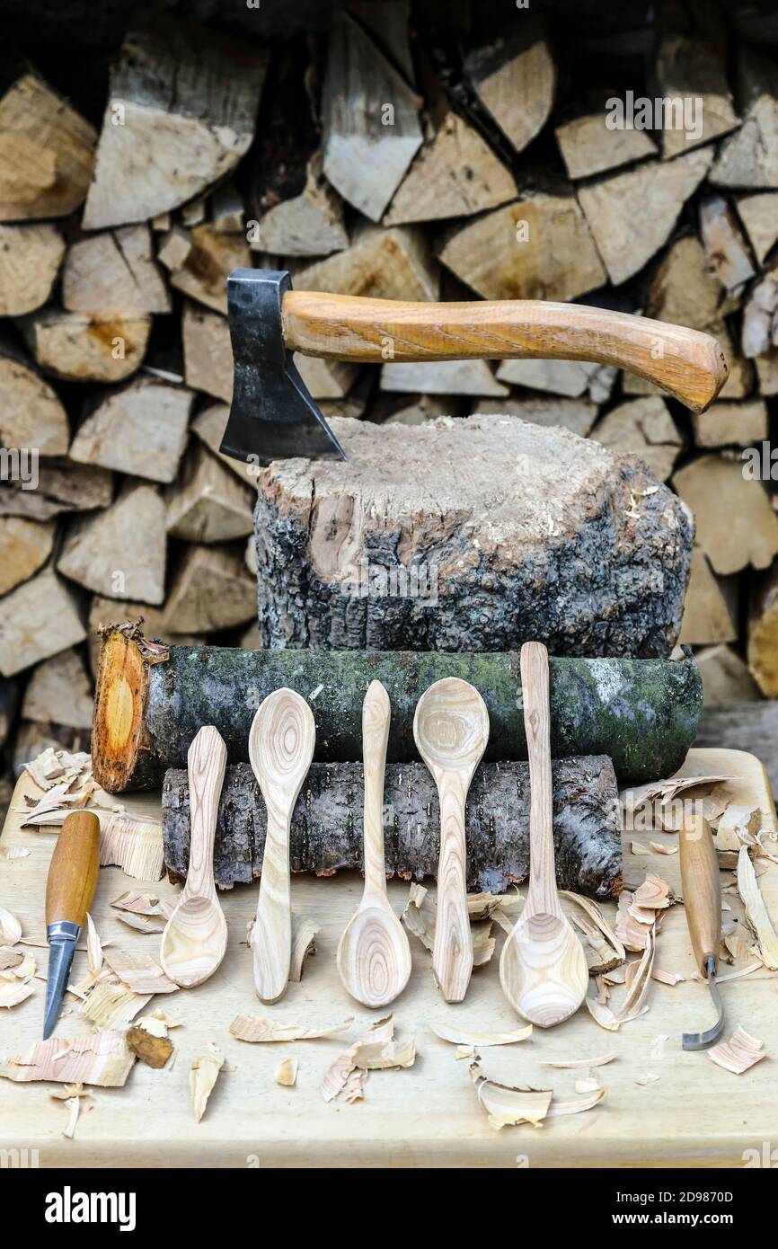 Spoon Carvers Tools and Hand Carved Spoons, UK Stock Photo - Alamy
