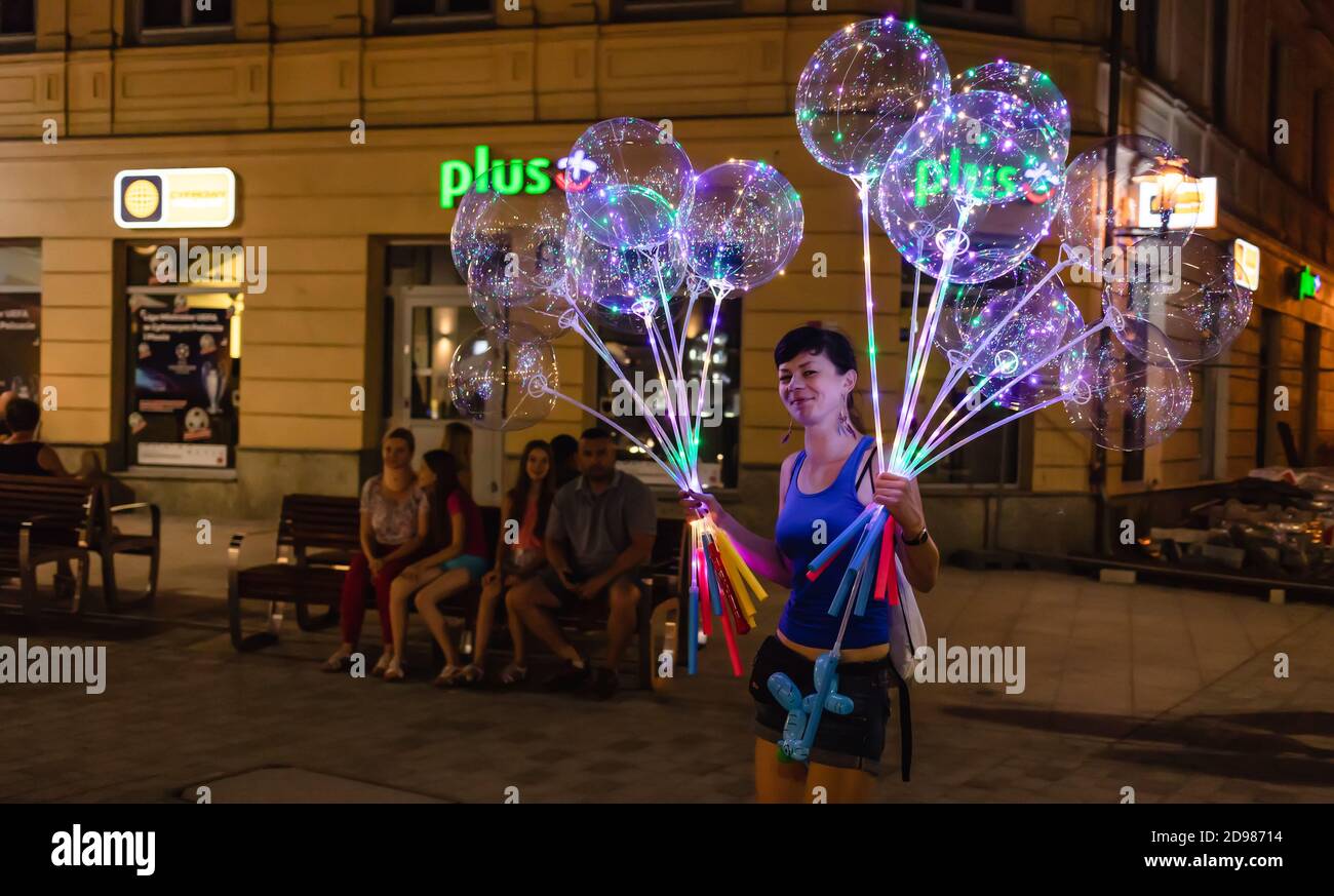 Lublin, Poland - Jul 27, 2018: LED transparent balloon with multi ...