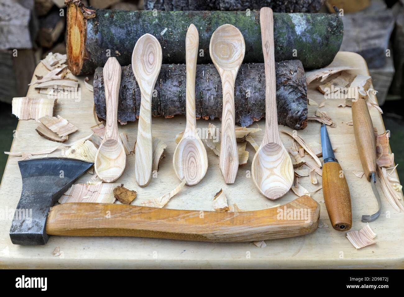 Spoon Carvers Tools and Hand Carved Spoons, UK Stock Photo - Alamy
