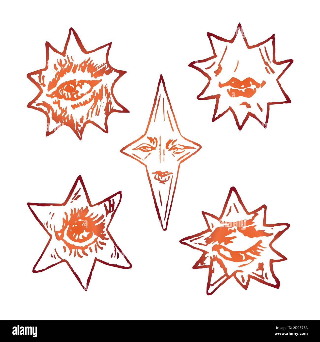 Stars of different shapes with mysterious faces, lips and eyes, old ...