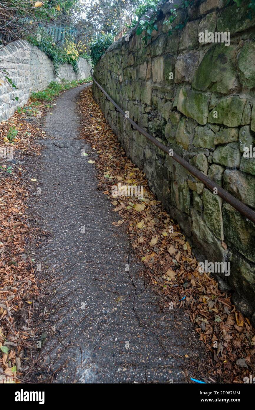 Steep narrow path with stone wall and autumn leaves Stock Photo - Alamy