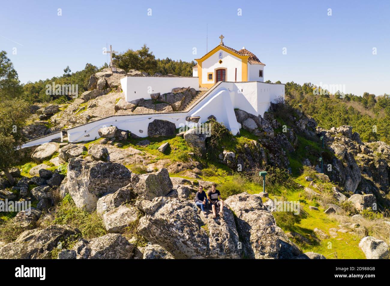 Aerial drone view of Ermida da Nossa Senhora da Penha in Serra de Sao ...