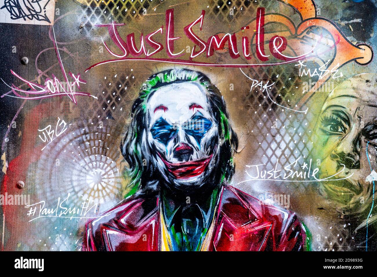 Mural of the Joker with text saying 'Just Smile' in Soho, London, UK ...