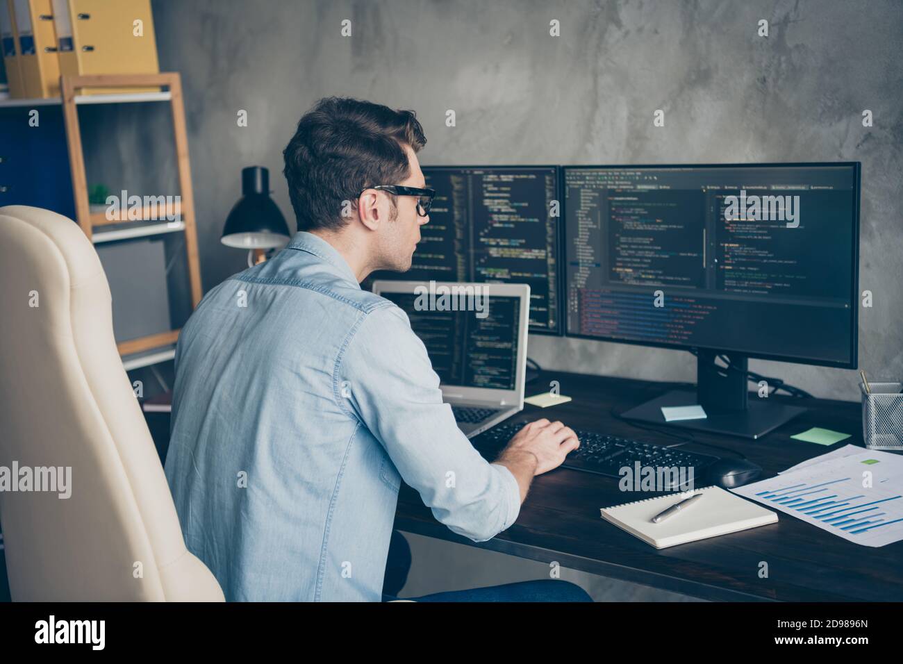 Profile side view portrait of his he nice focused geek guy tech ...