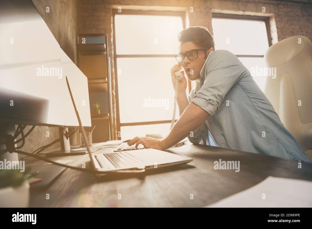 Portrait of his he nice attractive busy overwhelmed guy digital manager ...