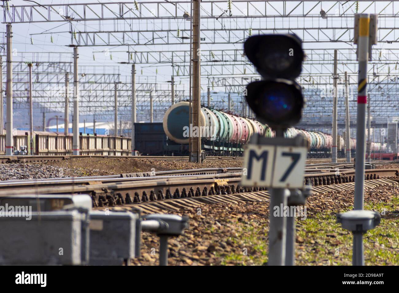 Vladivostok, Russia - April, 24, 2020: A semaphore with a blue signal ...