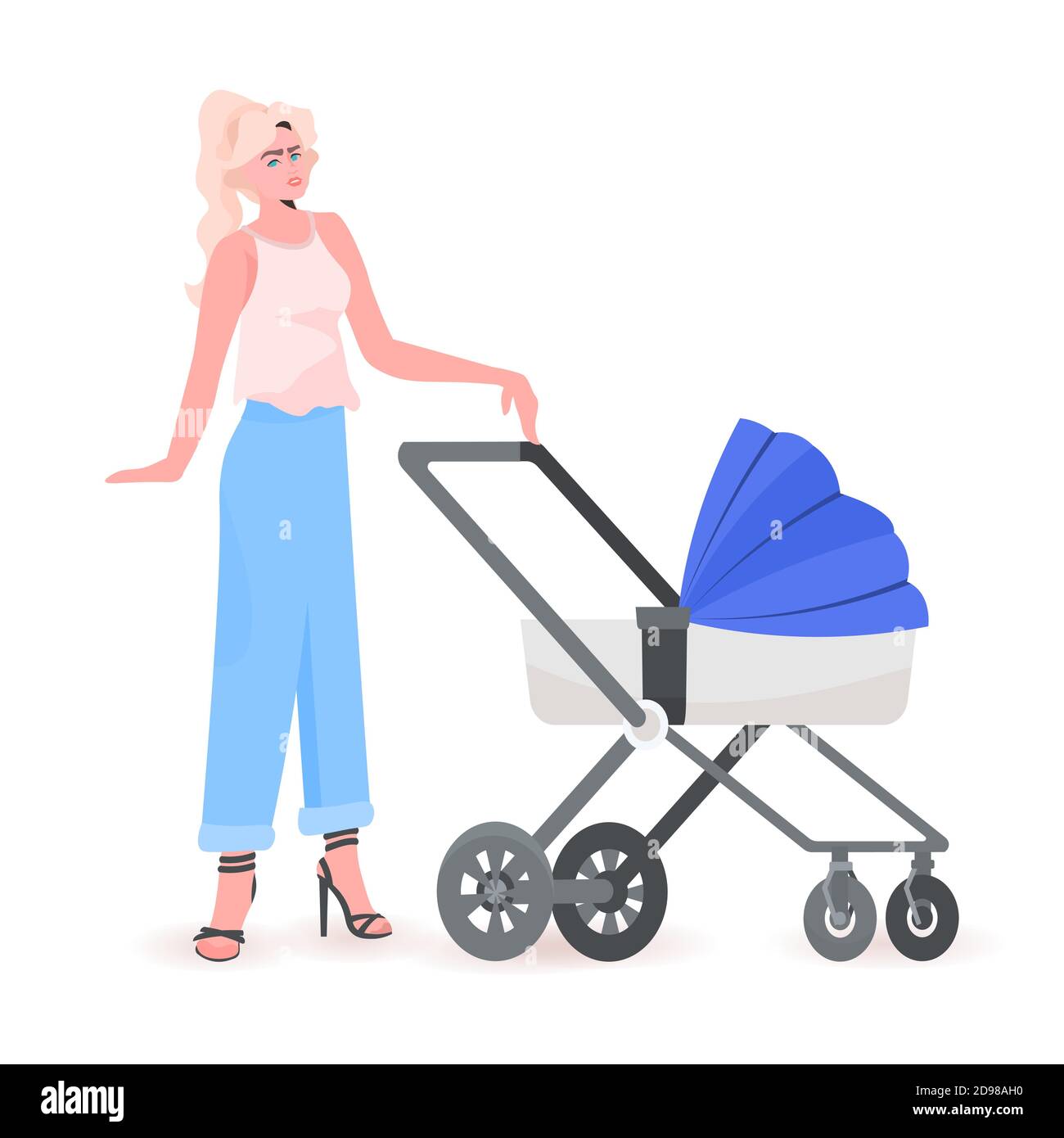 young mother walking with newborn baby in stroller motherhood concept ...