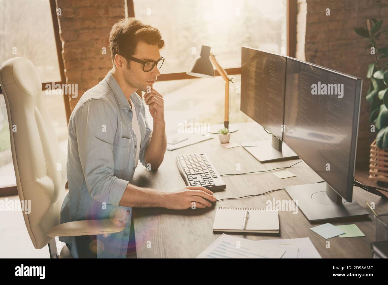 Profile side view portrait of his he nice attractive focused ...