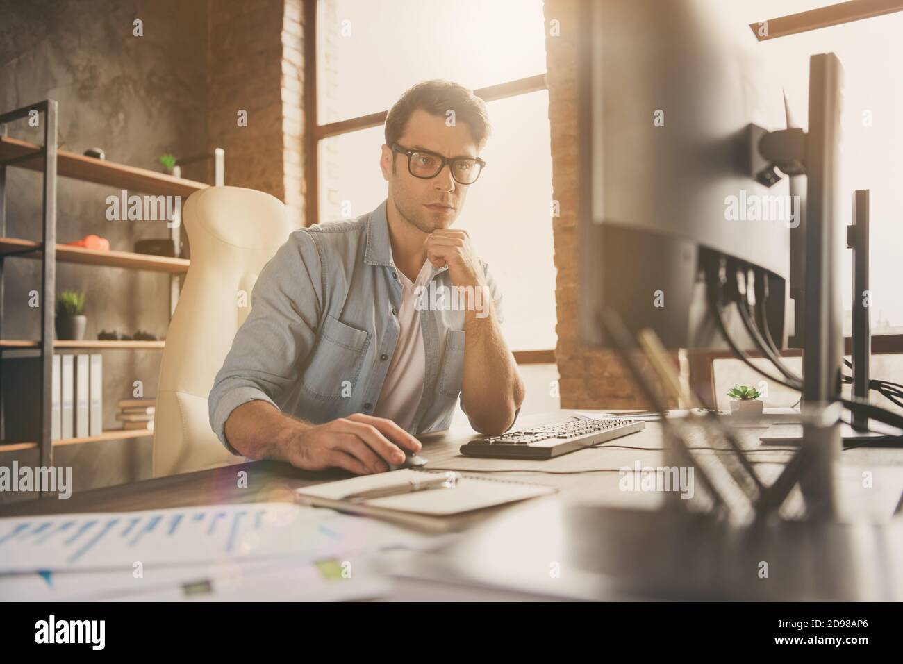 Portrait of his he nice attractive focused busy guy coding programming ...