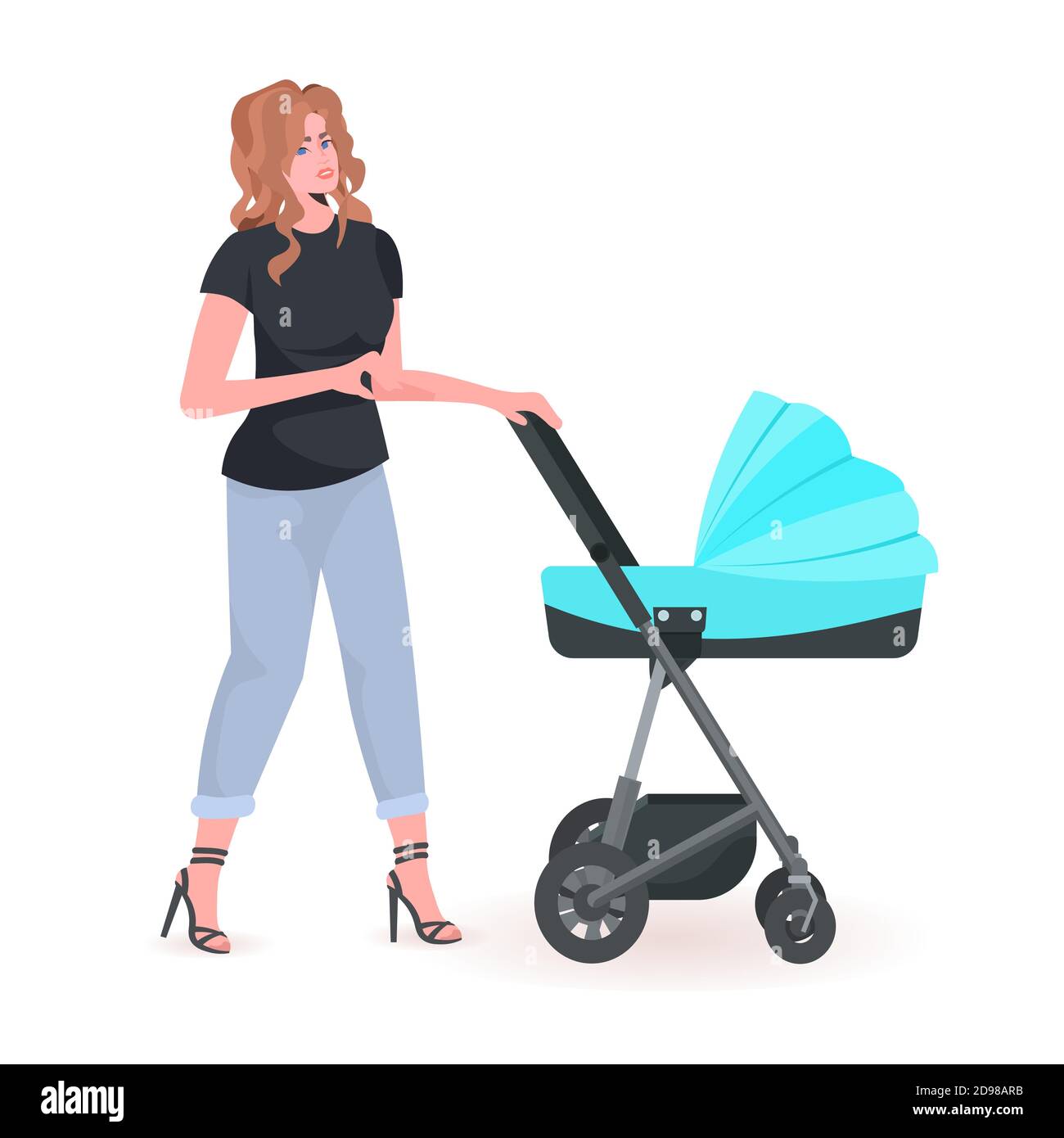young mother walking with newborn baby in stroller motherhood concept ...
