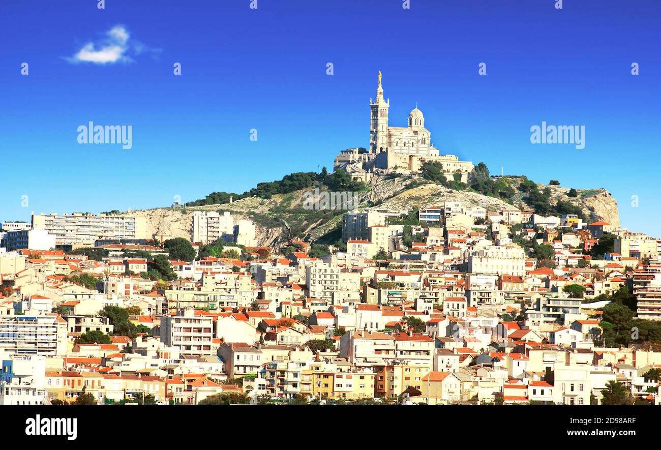 The hill surmounted by the Notre-Dame de la Garde basilica in Marseille ...