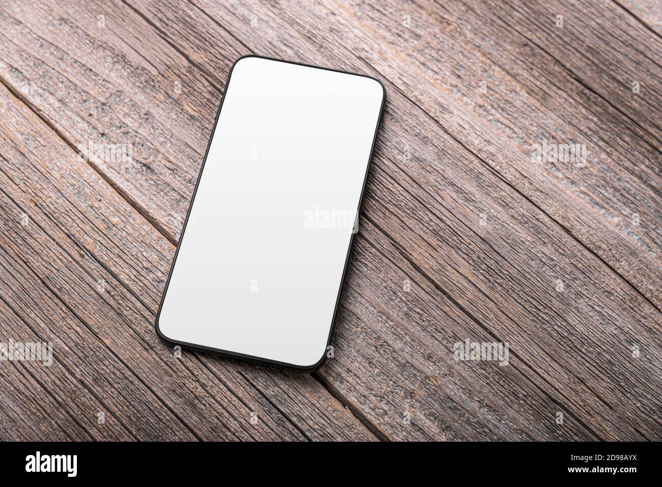 Smartphone with white screen on a background of wooden boards Stock ...
