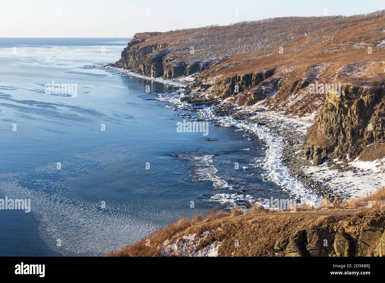 The rocky coast of Cape Tobizin on the Russian Island in Vladivostok ...