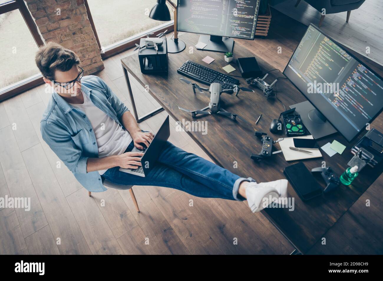 Top above high angle view of his he nice attractive focused skilled guy ...