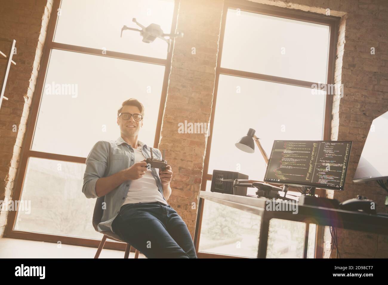 Portrait of his he nice attractive cheerful guy geek software developer ...