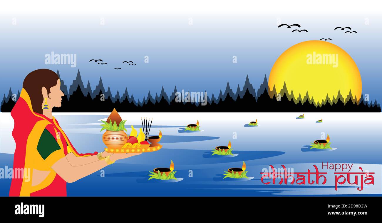 Vector Illustration of Sunrise and reflection on water. Chhath is an ...