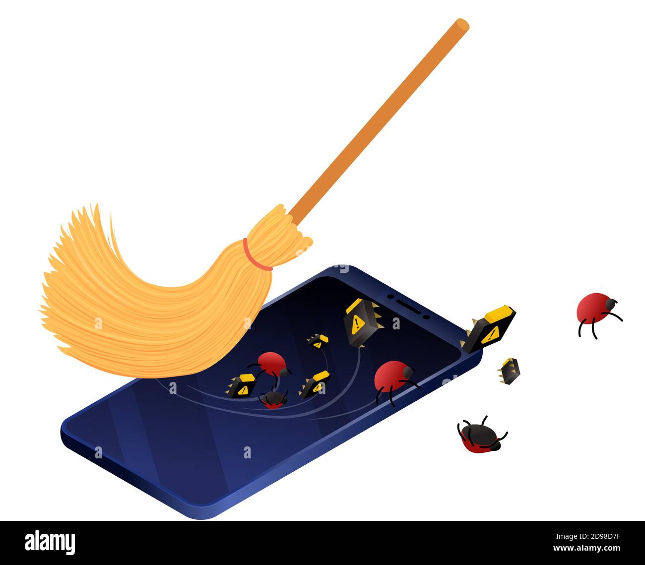 Smartphone service and debugging concept. Broom cleaning mobile phone ...