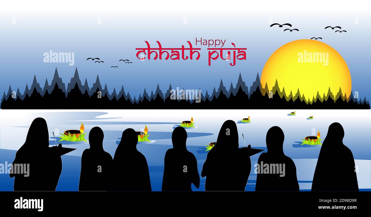 Vector Illustration of Sunrise and reflection on water. Chhath is an ...