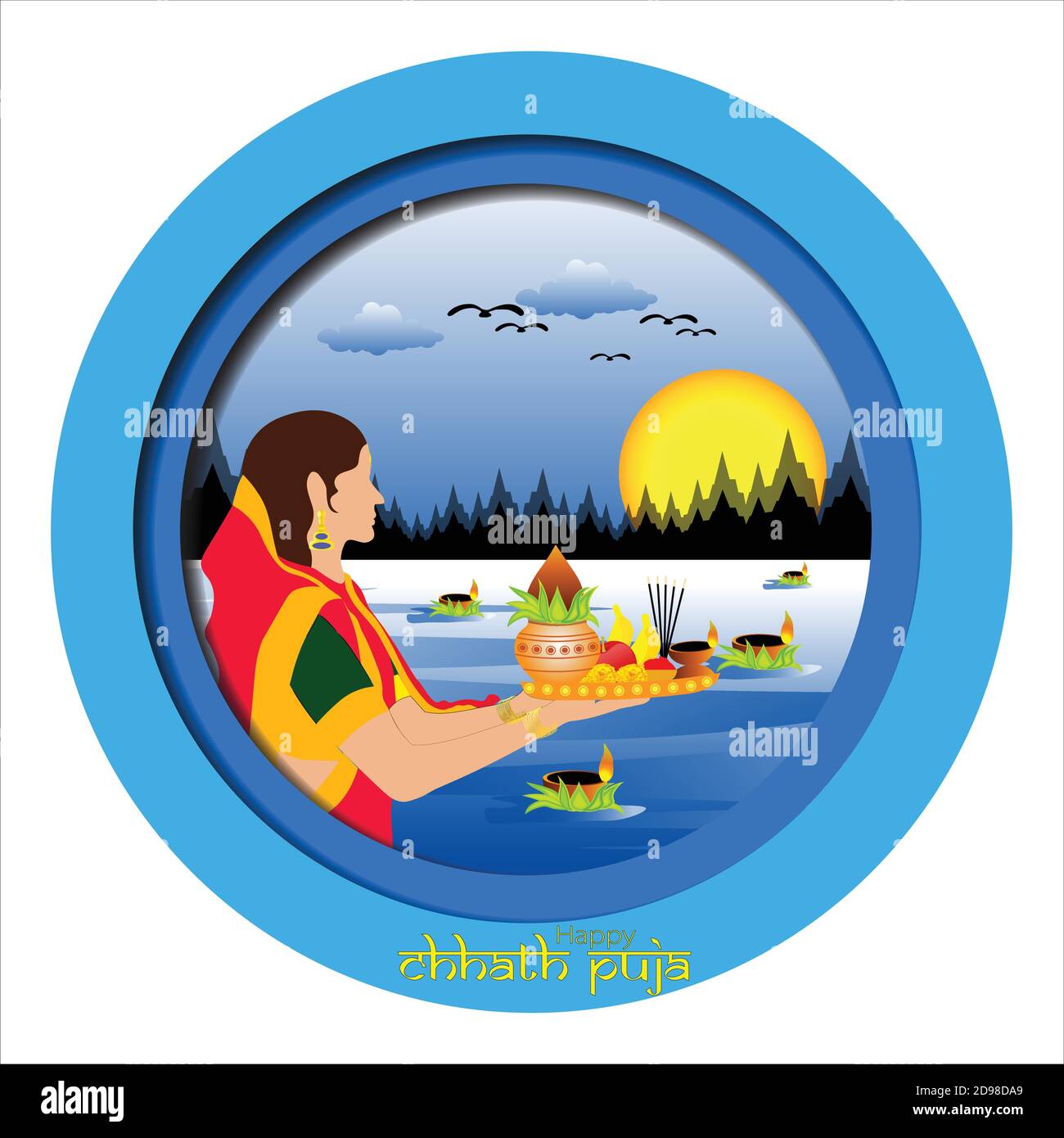 Vector Illustration of Sunrise and reflection on water. Chhath is an ...