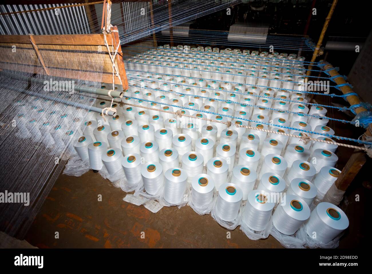 Top view of A lot of white yarn spools in a textile factory. White yarn ...