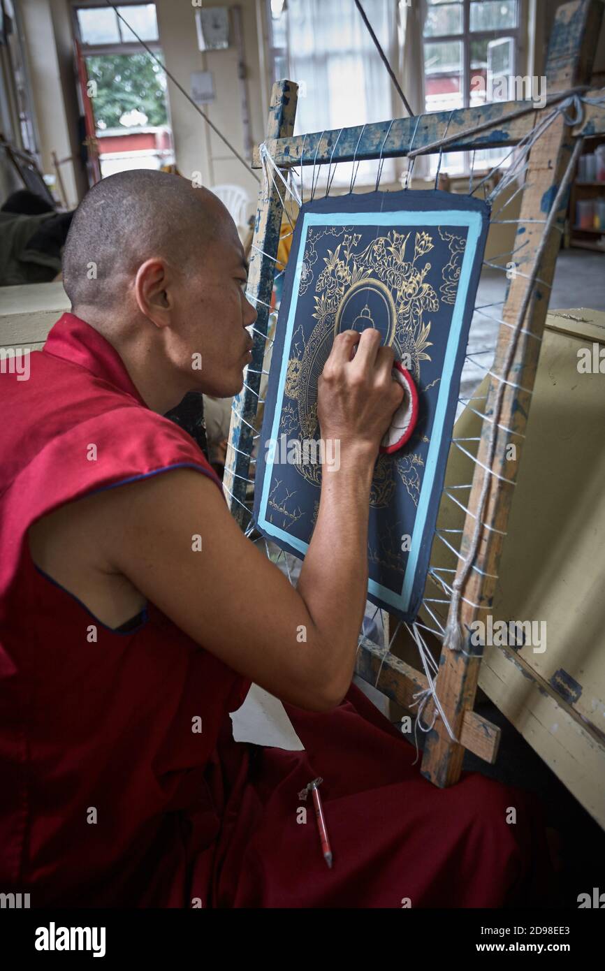 Dharamsala, India July 2009. A Buddhist monk in his workshop of Mcleod ...