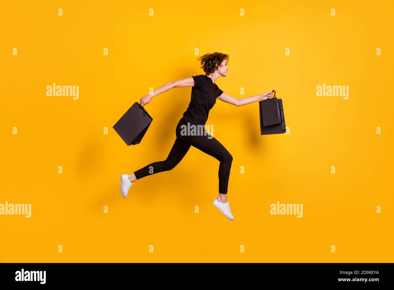 Full length body size view of attractive cheerful skinny girl jumping ...