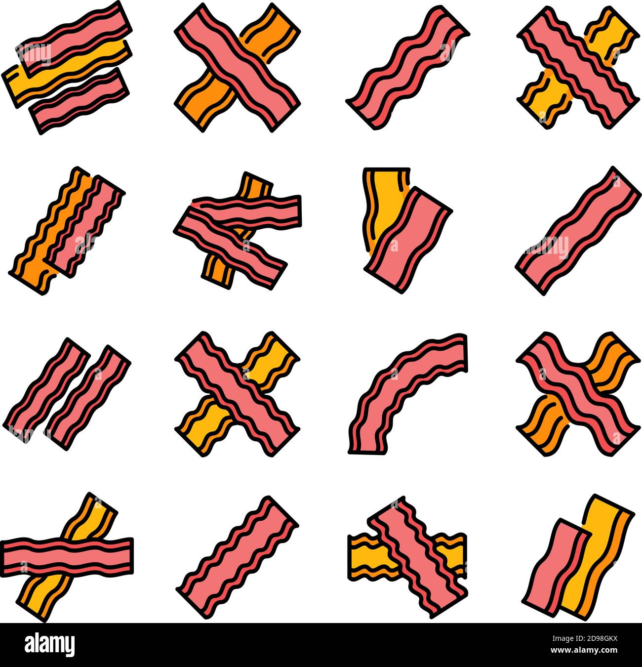 Bacon icons set. Outline set of bacon vector icons thin line color flat ...