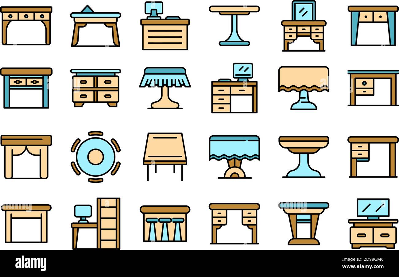 Table icons set. Outline set of table vector icons thin line color flat ...
