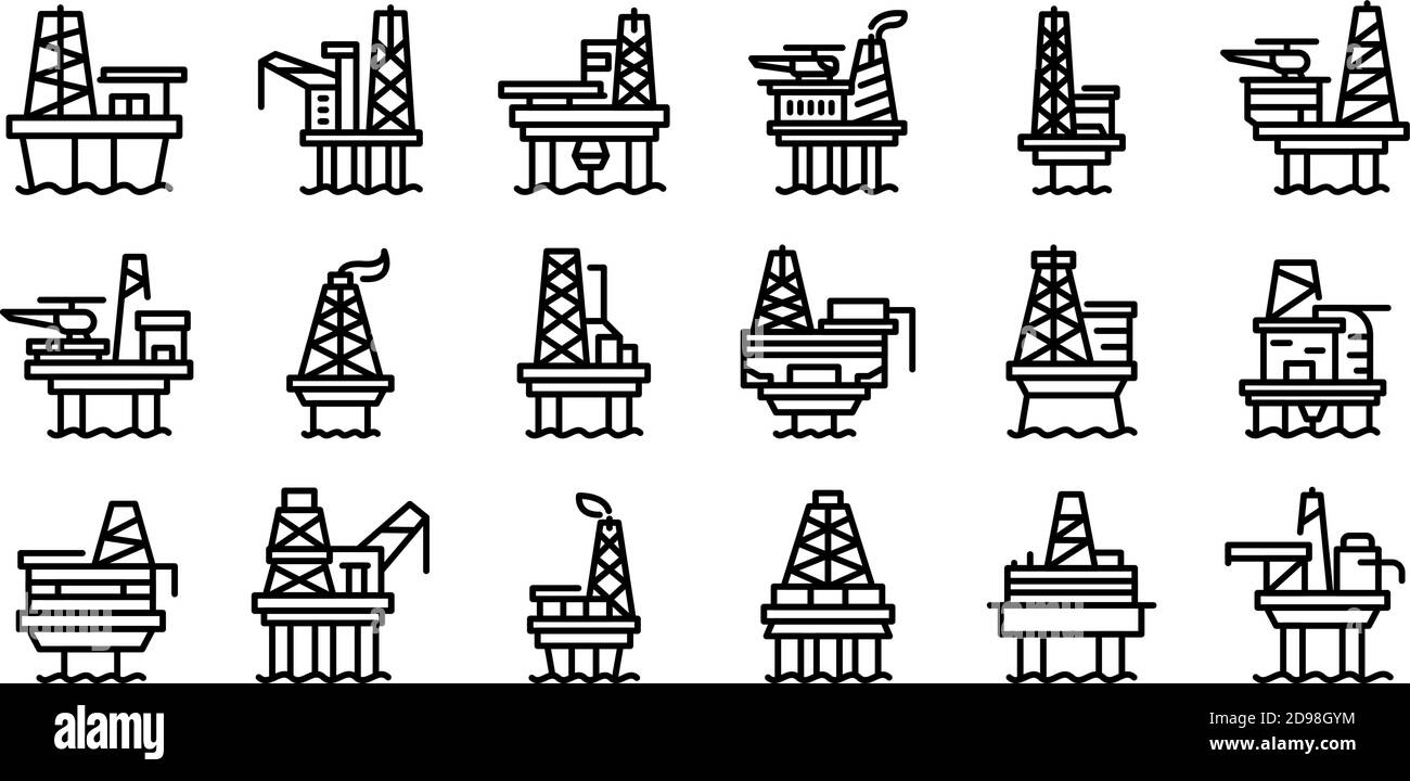 Sea drilling rig icons set. Outline set of sea drilling rig vector ...