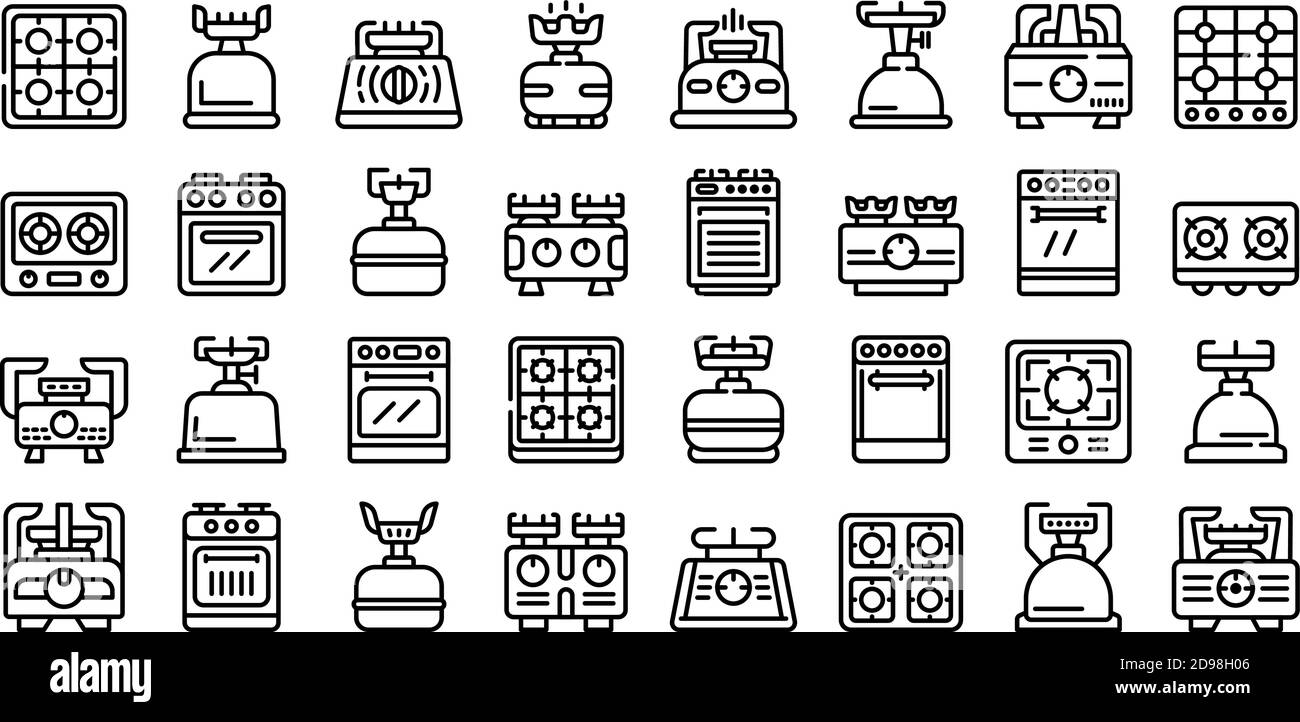 Burning gas stove icons set. Outline set of burning gas stove vector ...
