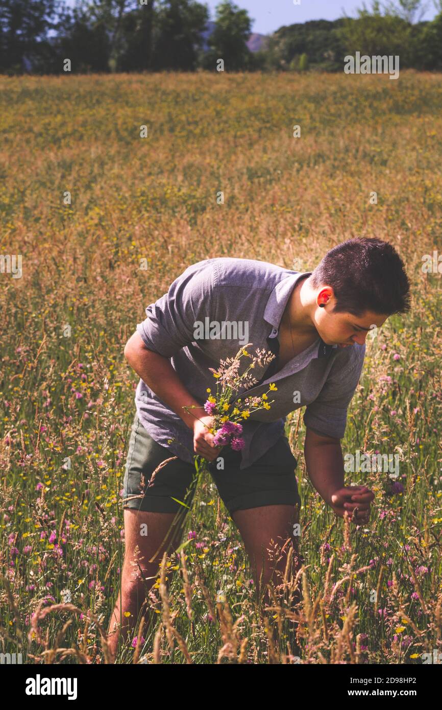 Young man collecting flowers for his lover Stock Photo - Alamy